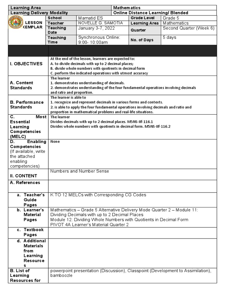 Math 5-Lesson-Exemplar-Q2-W6 | PDF | Division (Mathematics) | Mathematics