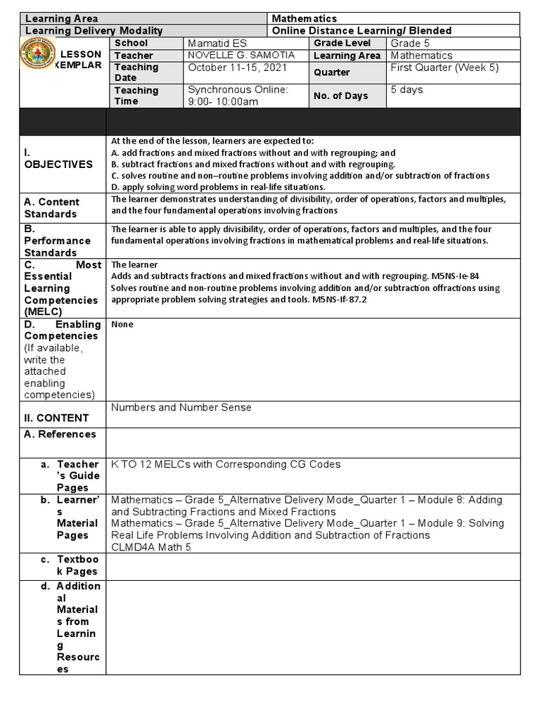 Grade 5 Math Lesson Exemplar Q1 W5 | PDF | Learning | Mathematics
