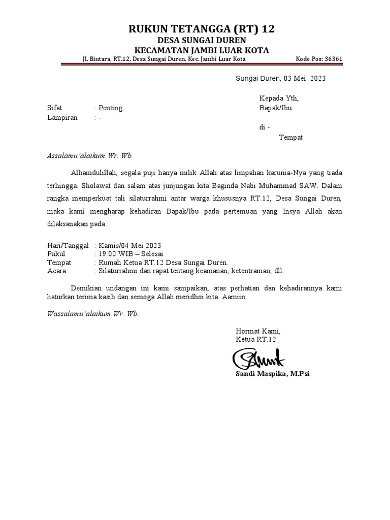 Undangan Rapat RT 12 Sungai Duren | PDF
