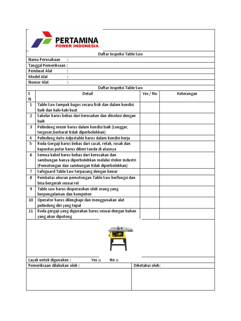 Form Daftar Inspeksi Table Saw | PDF