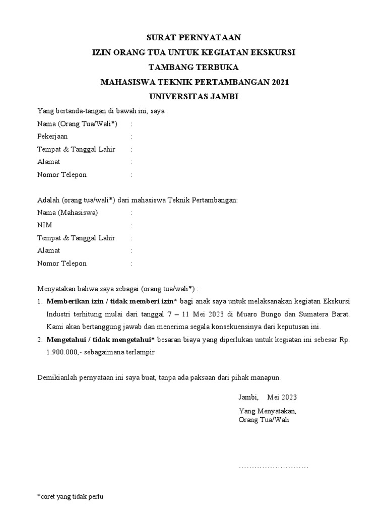 SURAT PERNYATAAN IZIN ORANG TUA Ekskursi TAMKA 2023docx | PDF