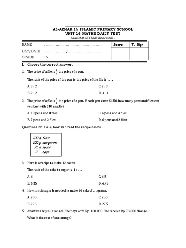 Daily Test Math 16 | PDF | Ratio