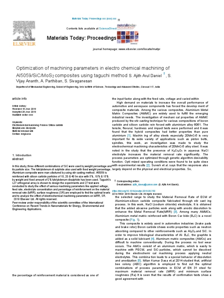Optimization Of Machining Parameters In Electro Chemical Machining Of Al5059 Sic Mos2