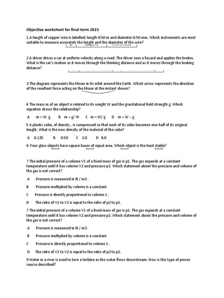 Objective Worksheet For Final Term 2023 | PDF | Force | Orbit