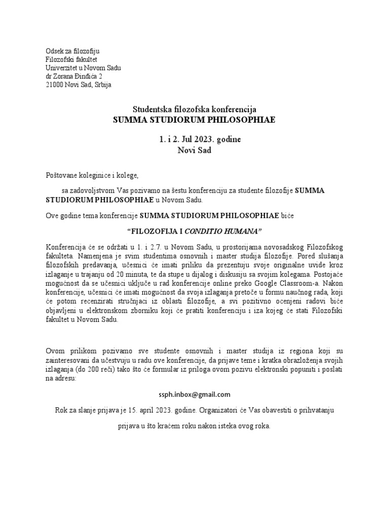 Pozivno Pismo 2023 | PDF