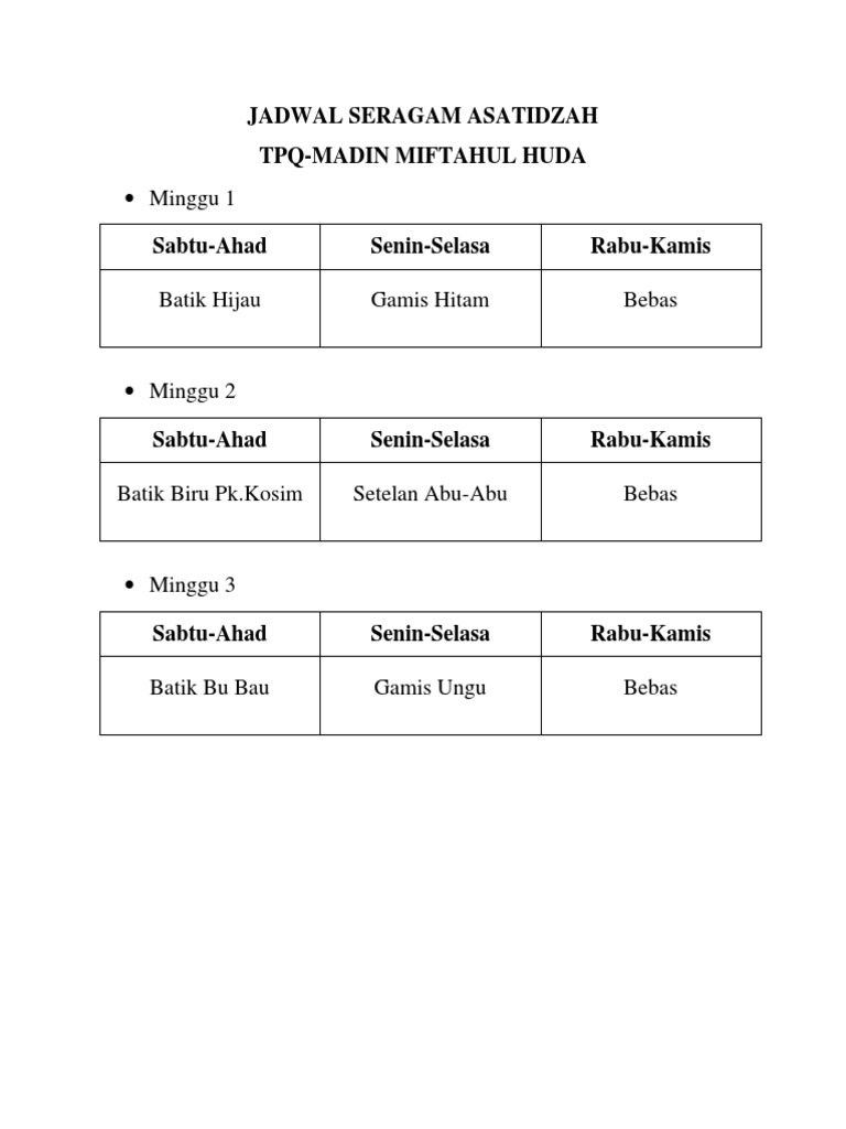 Jadwal Seragam Asatidzah | PDF
