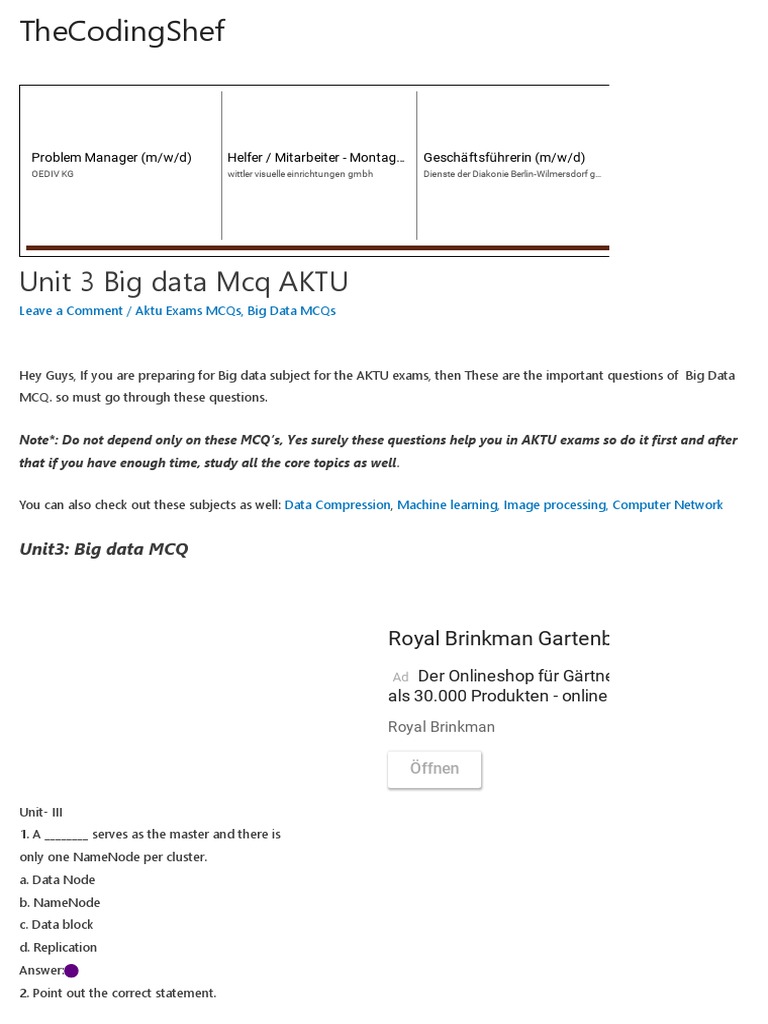 Unit 3 Big Data MCQ AKTU: Royal Brinkman Gartenbaubedarf | PDF | Apache Hadoop | Map Reduce