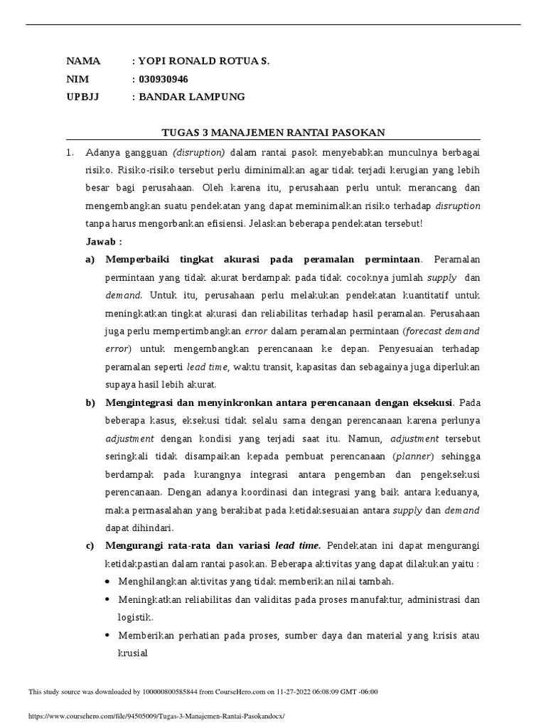 Tugas 3 Manajemen Rantai Pasokan | PDF | Bisnis