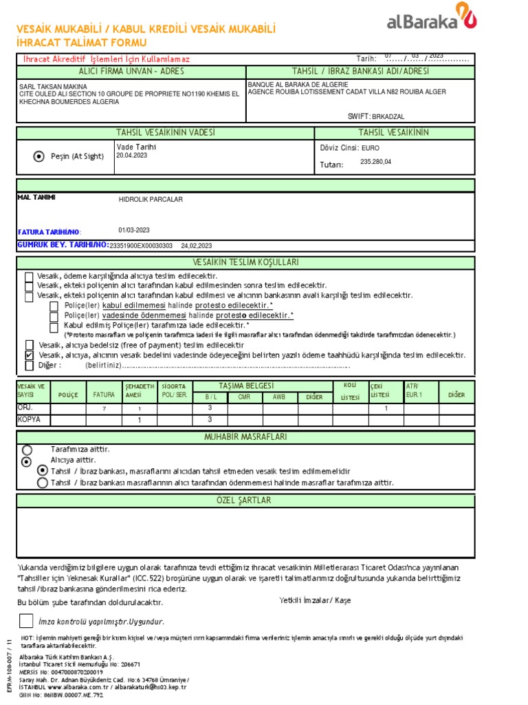 IHRACAT - TAHSIL - VESAIKI - TALIMAT - FORMU Rev 7 | PDF