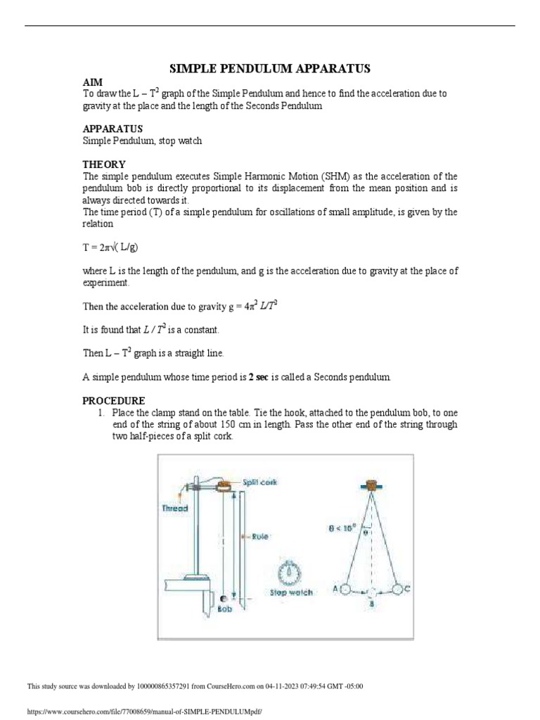 Manual of SIMPLE PENDULUM PDF | PDF | Pendulum | Oscillation