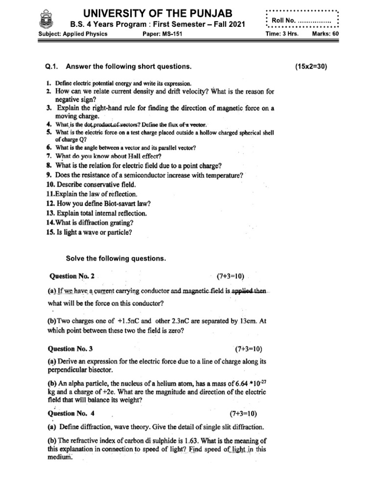 Physics Past Papers For BSIT Punjab University | PDF