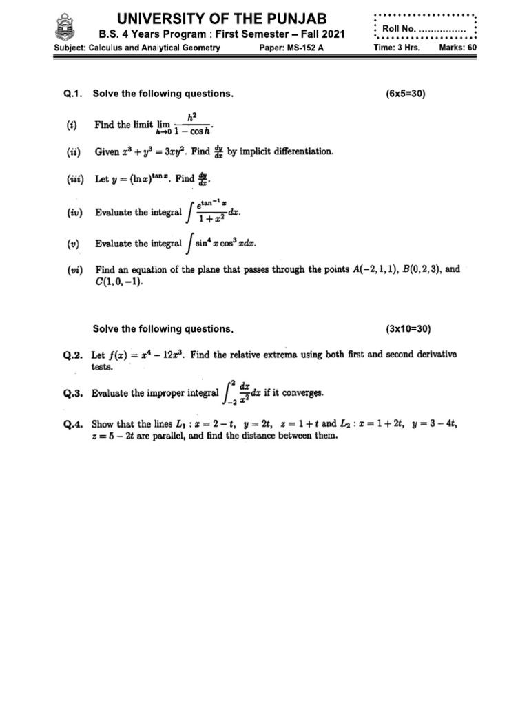 Calculus Past Paper For BSIT Punjab University | PDF