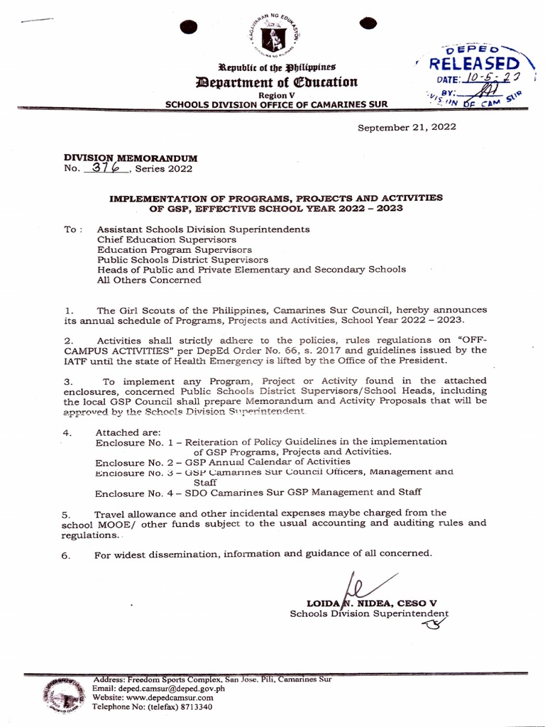 Memo - No.379 GSP | PDF | Schools | Scouting