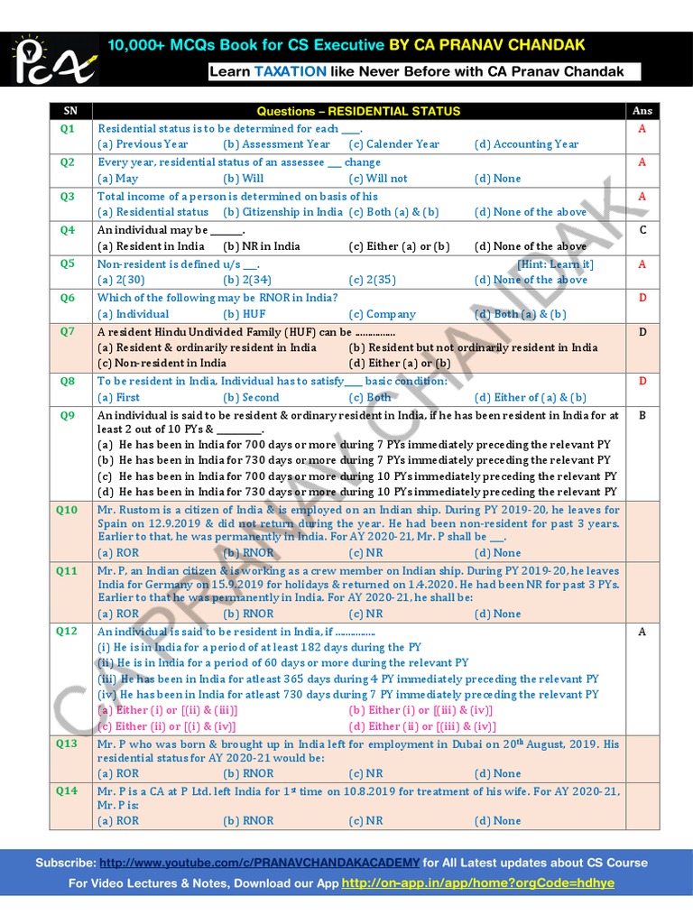 Residential Status MCQs - Part 1 | PDF | Economies | Taxes