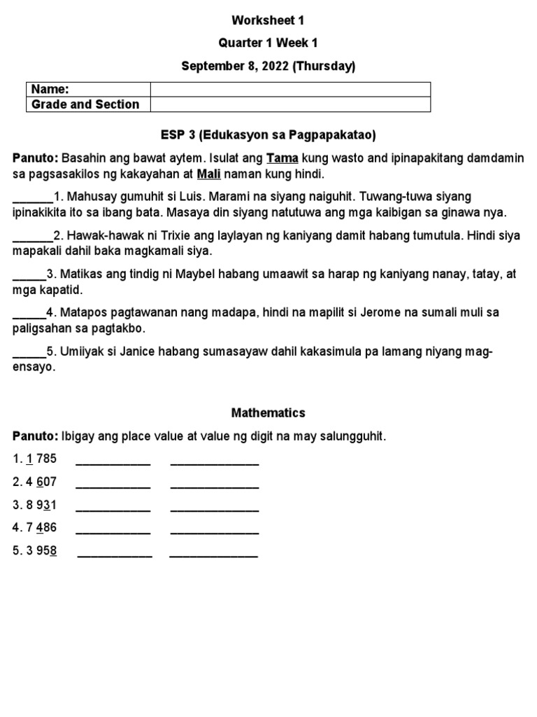 Worksheet 1 Quarter 1 Week 1 | PDF