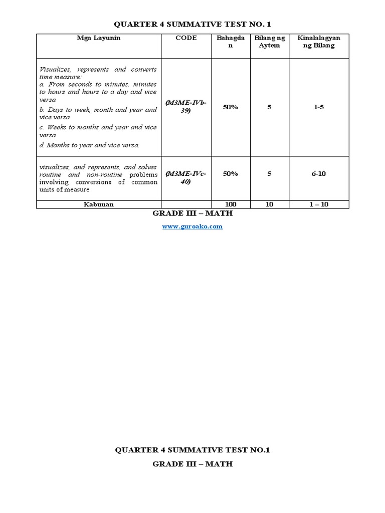 q4 ST 1 Gr.3 Math With Tos | PDF