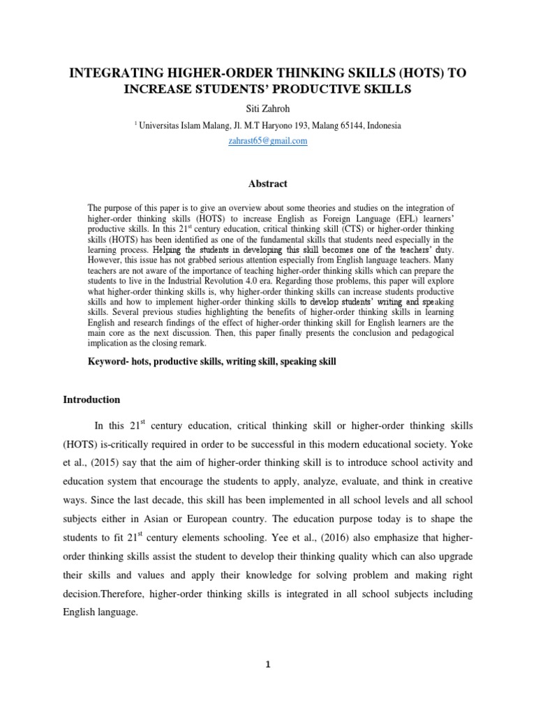 Siti Zahroh - Integrating Higher Order Thinking Skills HOTS To Increase Students Productive ...