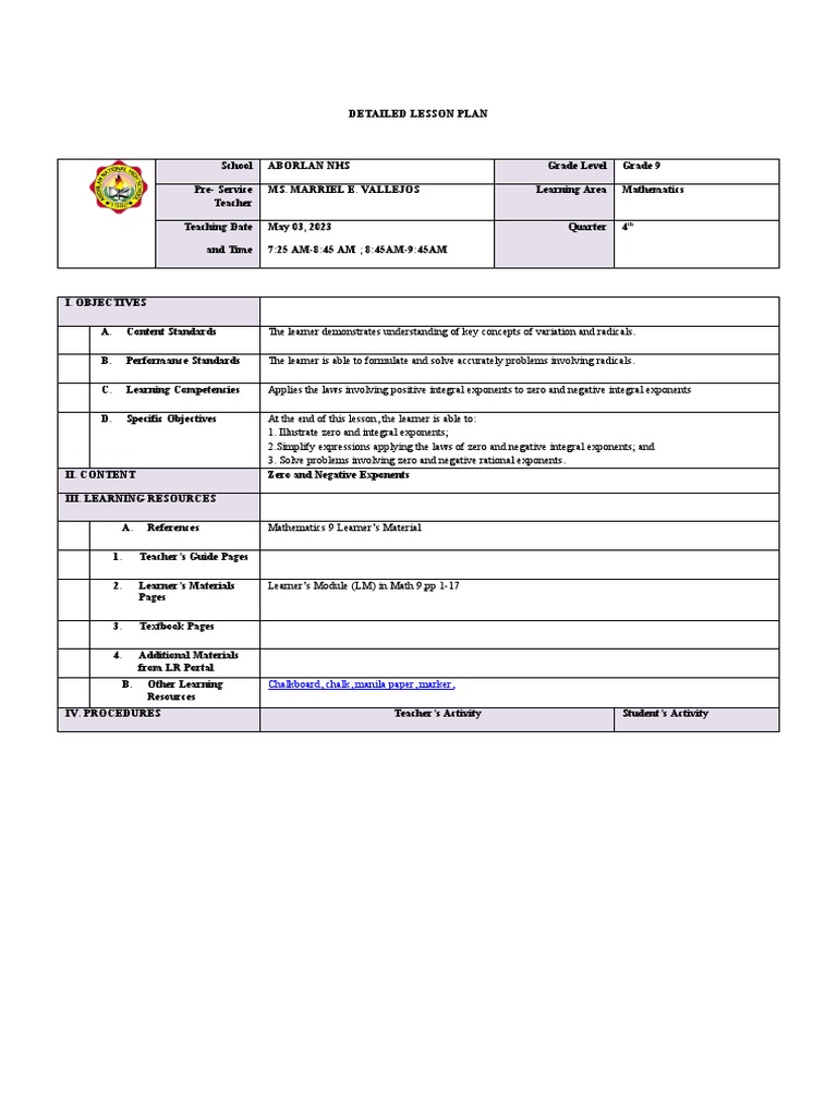 DETAILED LESSON PLAN May 3 (g9) | PDF | Learning | Exponentiation