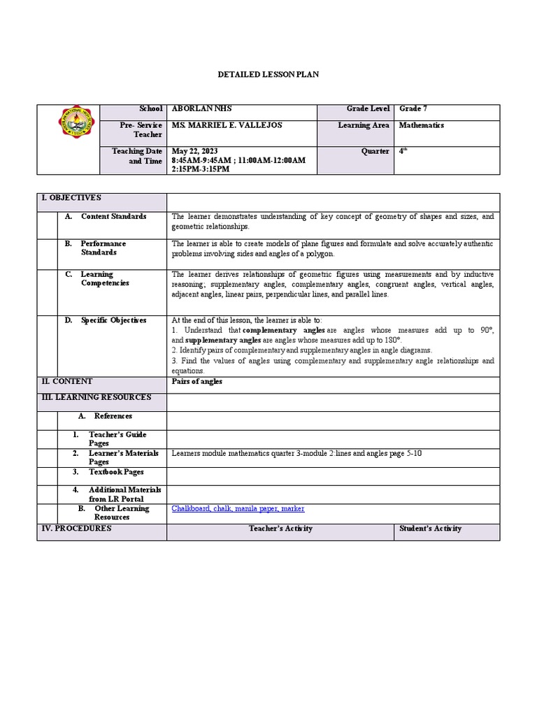 Grade 7 Geometry Lesson Plan: Angles | PDF | Angle | Shape