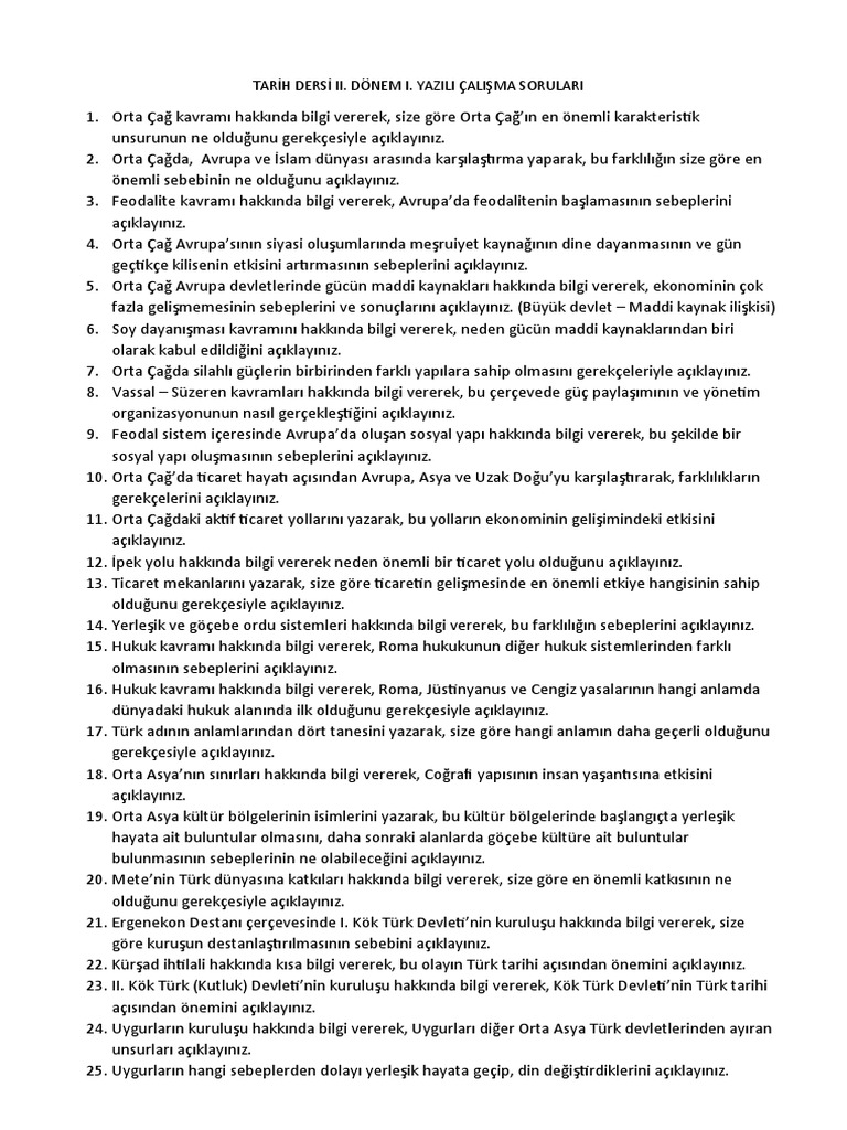 9.sınıf Tarih Dersi II.D. I. Yazılı Çalışma Soruları | PDF