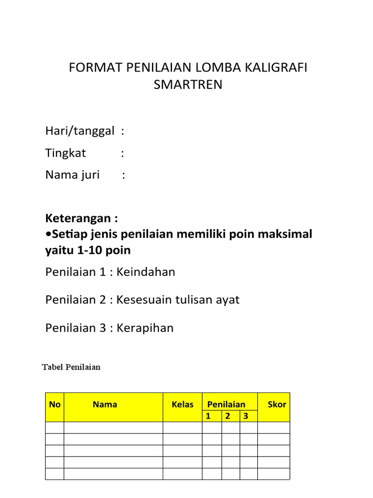 Format Penilaian Lomba Kaligrafi | PDF Format Penilaian Lomba Kaligrafi | PDF
