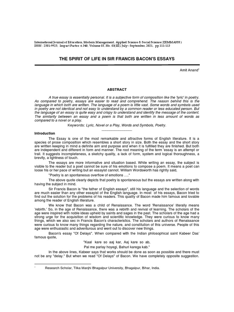 Spirit of Life in Bacon's Essays | PDF