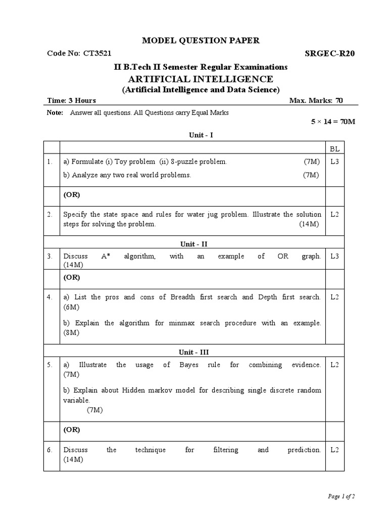 Artificial Intelligence Model Question Paper Pdf Algorithms Systems Science