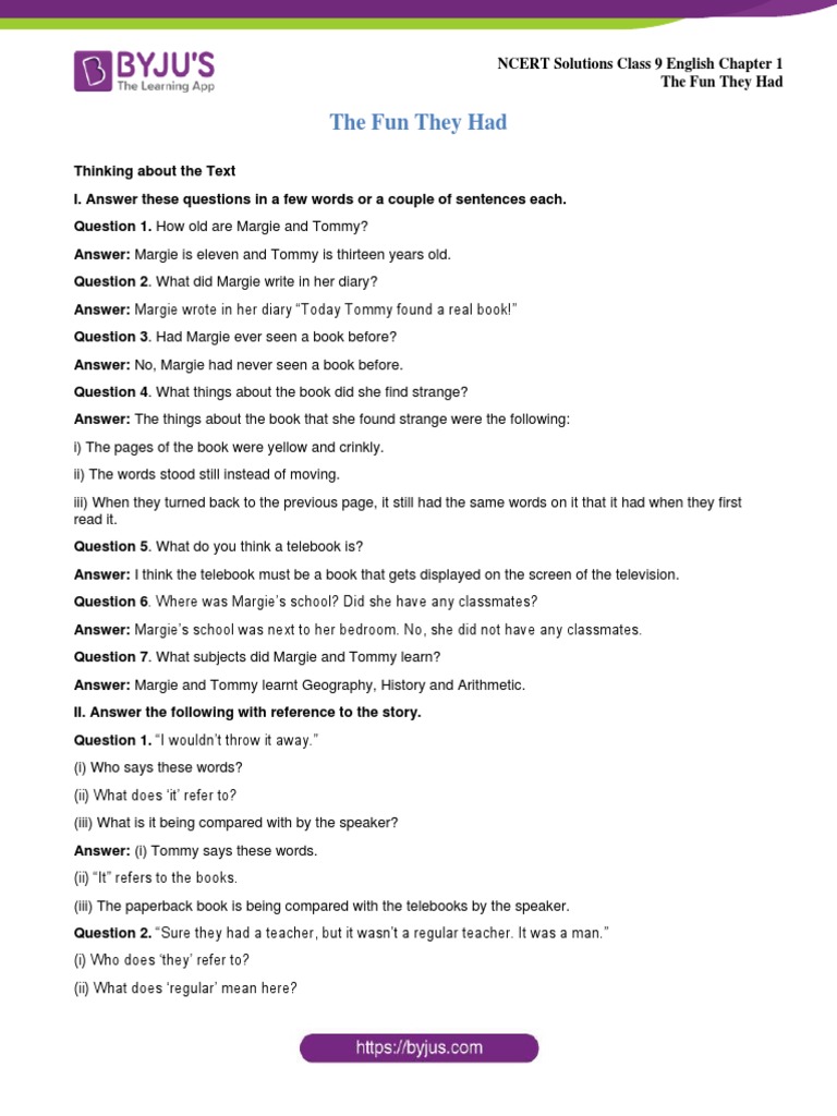 Class 9 NCERT: The Fun They Had Answers | PDF | Teachers | Adverb