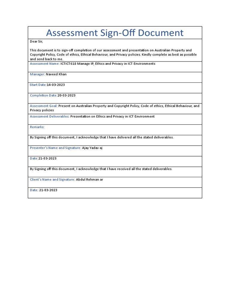 ICTICT618 - AjayY - Sign-Off Document | PDF
