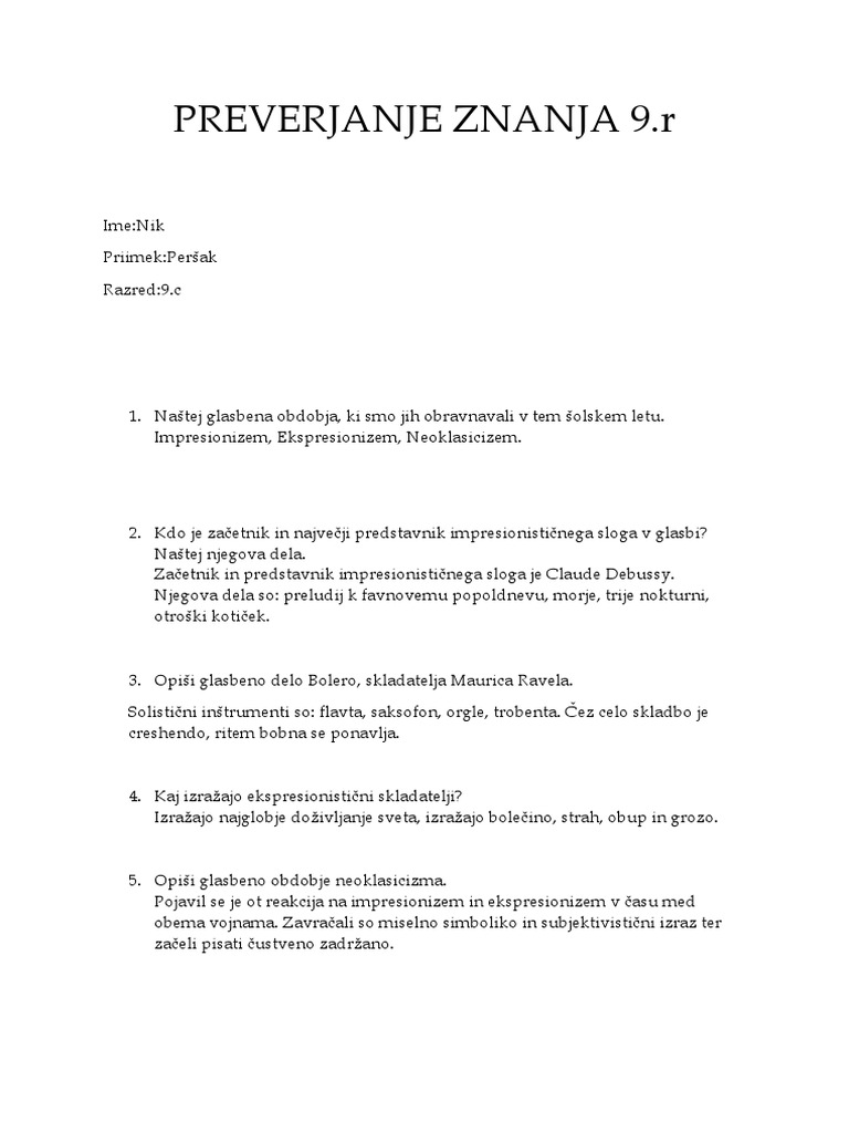 PREVERJANJE ZNANJA Glasba | PDF