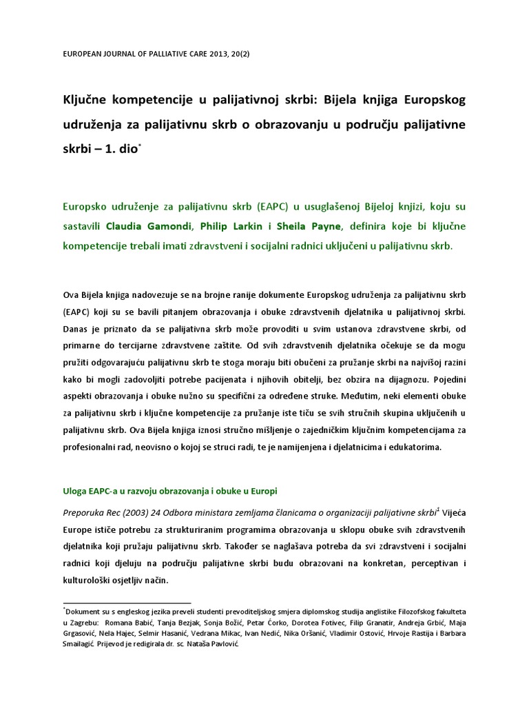 Bijela Knjiga EAPC - Kompetencije U Palijativi | PDF