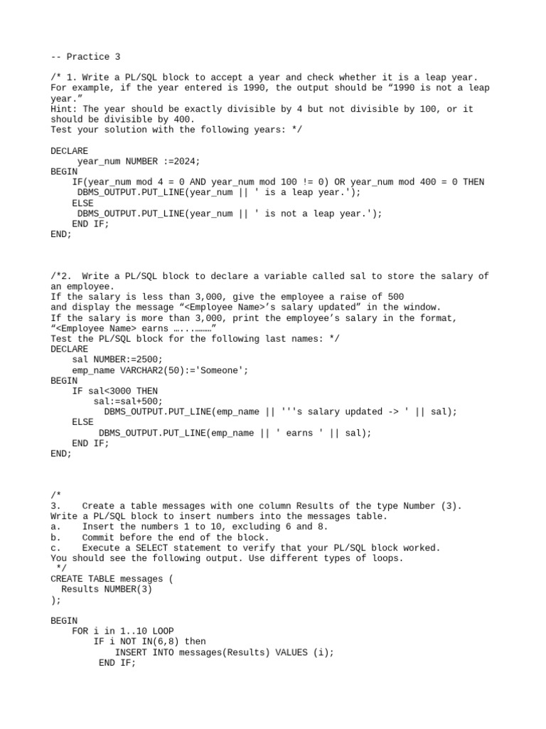 PL/SQL Examples for Leap Year and Salary | PDF | Pl/Sql | Control Flow