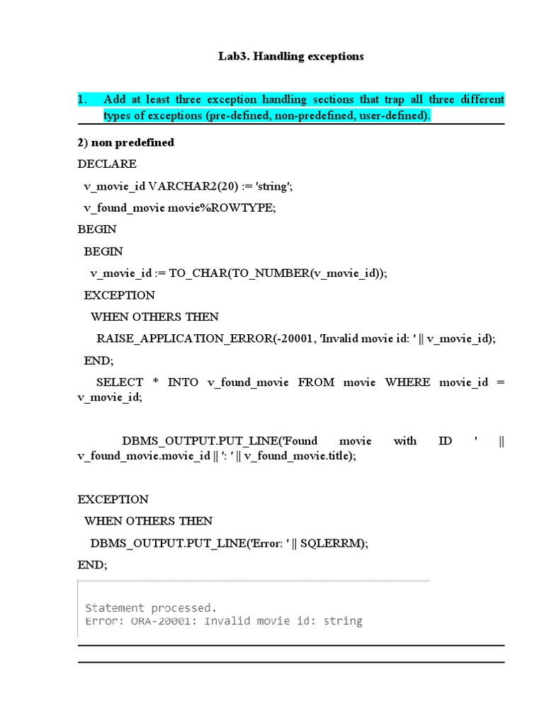 Lab 3. Handling Exceptions | PDF | Pl/Sql | Sql