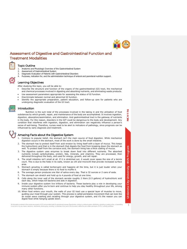 Study Guide 1 Assessment of Digestive and Gastrointestinal Function and ...