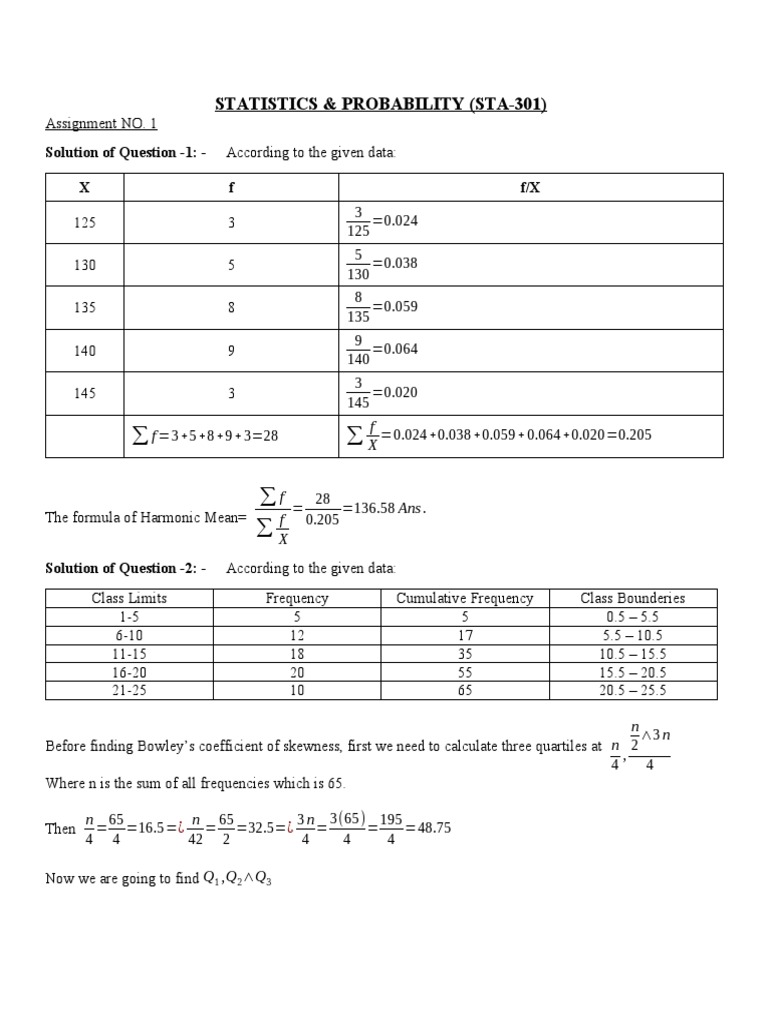 Solution of Assignment 1 STA-301 | PDF | Mean | Probability Theory