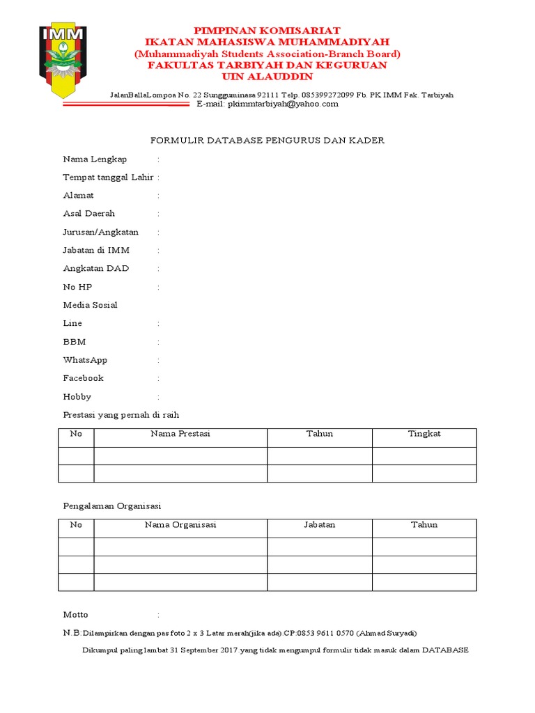 Formulir Data Base Kader | PDF