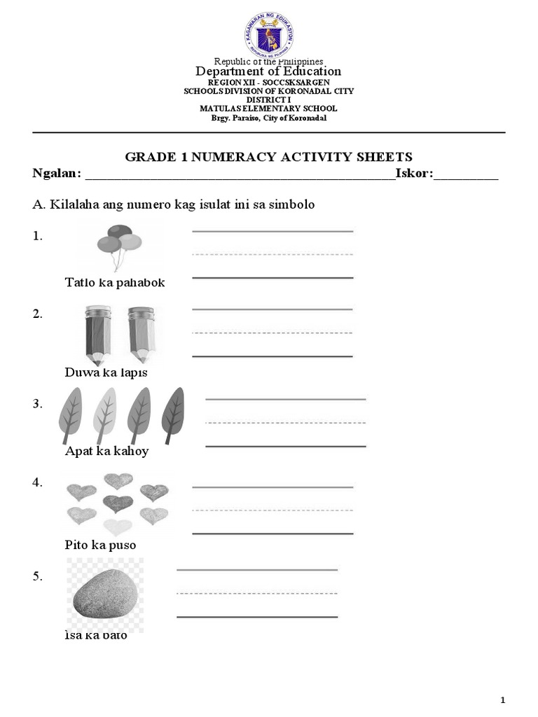 ACTIVITY SHEETS MATH GRADE 1 Black & White | PDF
