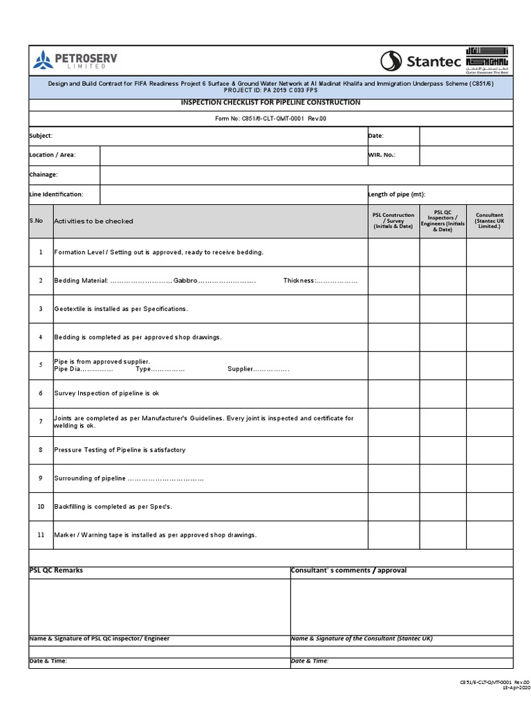 C8516 CLT QMT 0001 Inspection Checklist For Pipeline Construction | PDF ...