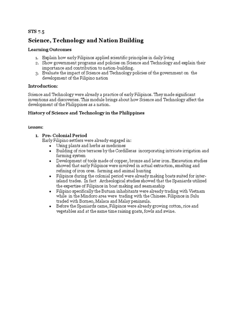 STS 7-Science Technology and Nation Building | PDF | Philippines | New ...
