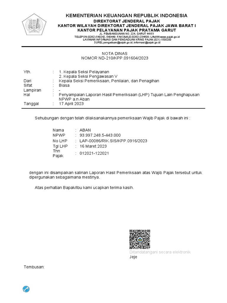 Penyampaian Laporan Hasil Pemeriksaan (LHP) Tujuan Lain Penghapusan ...