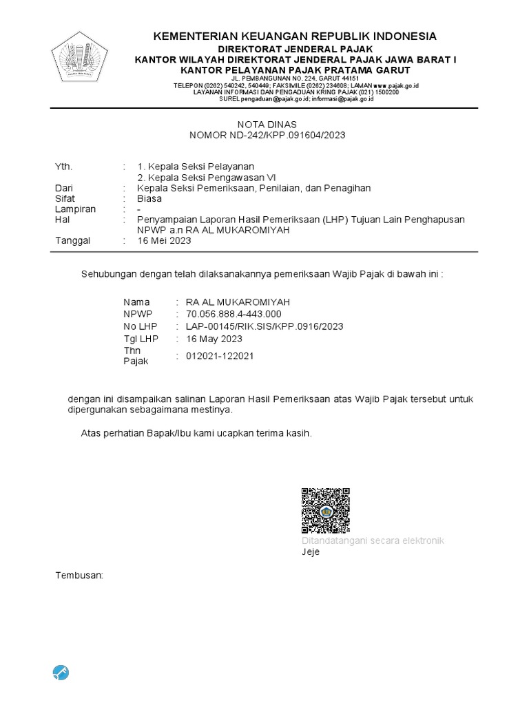 Penyampaian Laporan Hasil Pemeriksaan (LHP) Tujuan Lain Penghapusan ...
