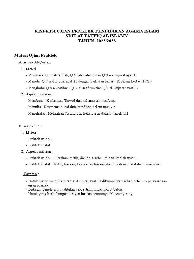 Kisi-Kisi Ujian Praktik PAI 2023 | PDF