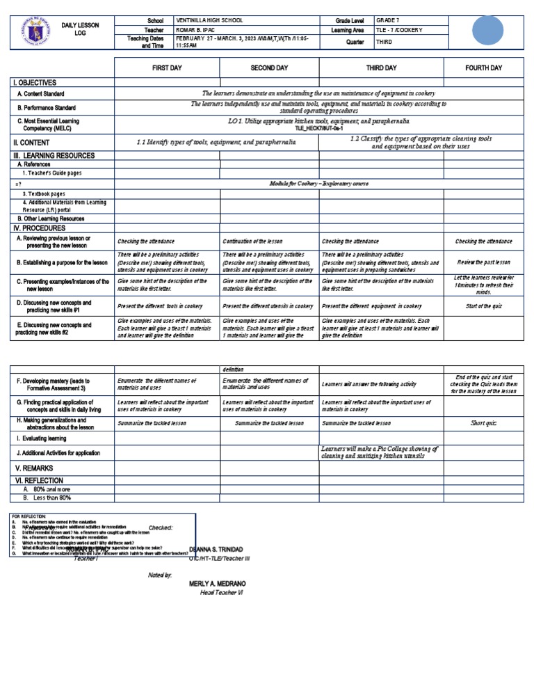 DLL Tle 7 Cookery Q3W3 | PDF | Learning | Teaching