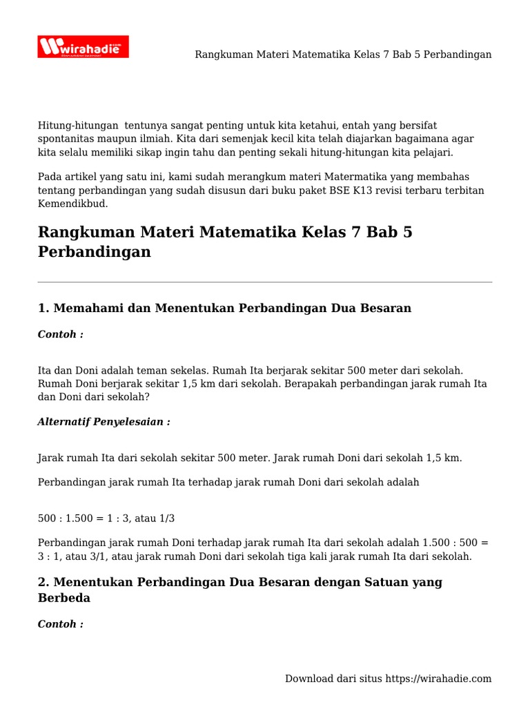 Rangkuman Materi Matematika Kelas 7 Bab 5 Perbandingan | PDF