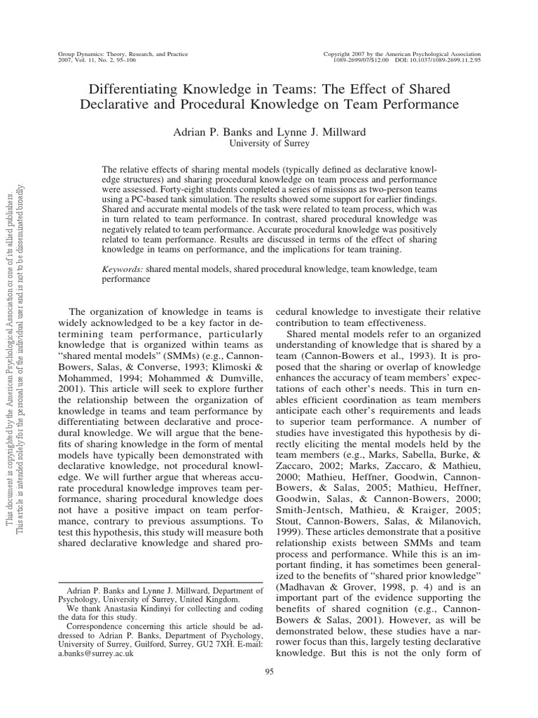 Differentiating Knowledge in Teams: The Effect of Shared Declarative and Procedural Knowledge On ...