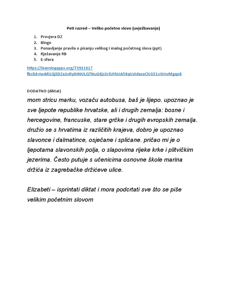 Peti Razred - Veliko Početno Slovo (Uvježbavanje) | PDF