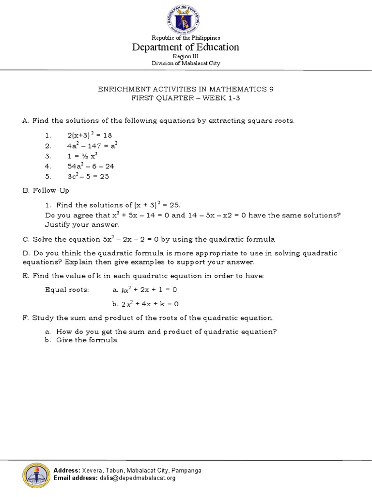 Enrichment 1st Quarter | PDF | Equations | Quadratic Equation