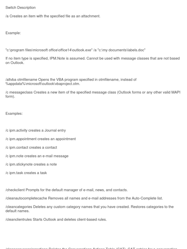 Outlook 2010 Command Line Switches Pdf Microsoft Outlook Command