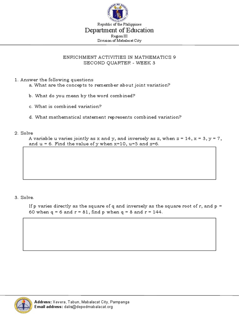 Math 9 Enrichment Activities: Week 3 | PDF