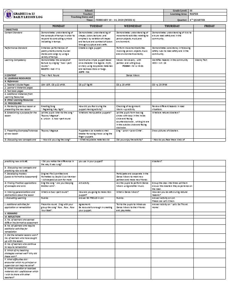 DLL - Mapeh 3 - Q4 - W4 | PDF | Cognitive Science | Behavior Modification